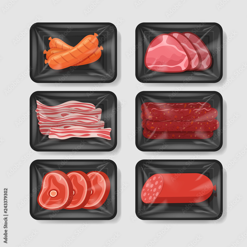 Various meat products in plastic tray container with cellophane cover ...
