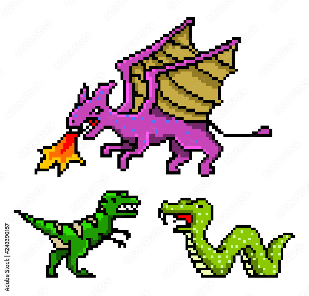 Pixel art 8 bit objects. Dinosaur Snake Dragon. Retro game assets. Set of icons. Vintage ...