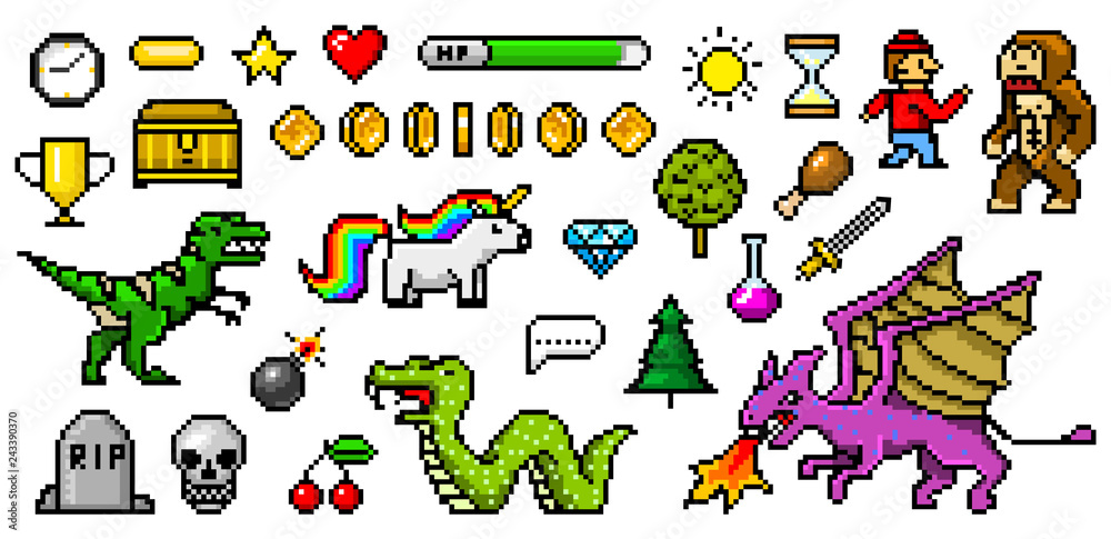 Pixel art 8 bit objects. Retro game assets. Set of icons. Vintage computer video arcades ...