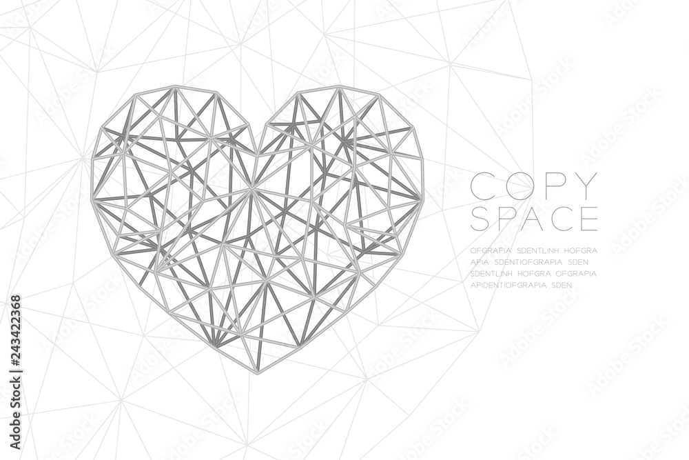 Heart icon wireframe polygon silver frame structure, Valentine's day ...
