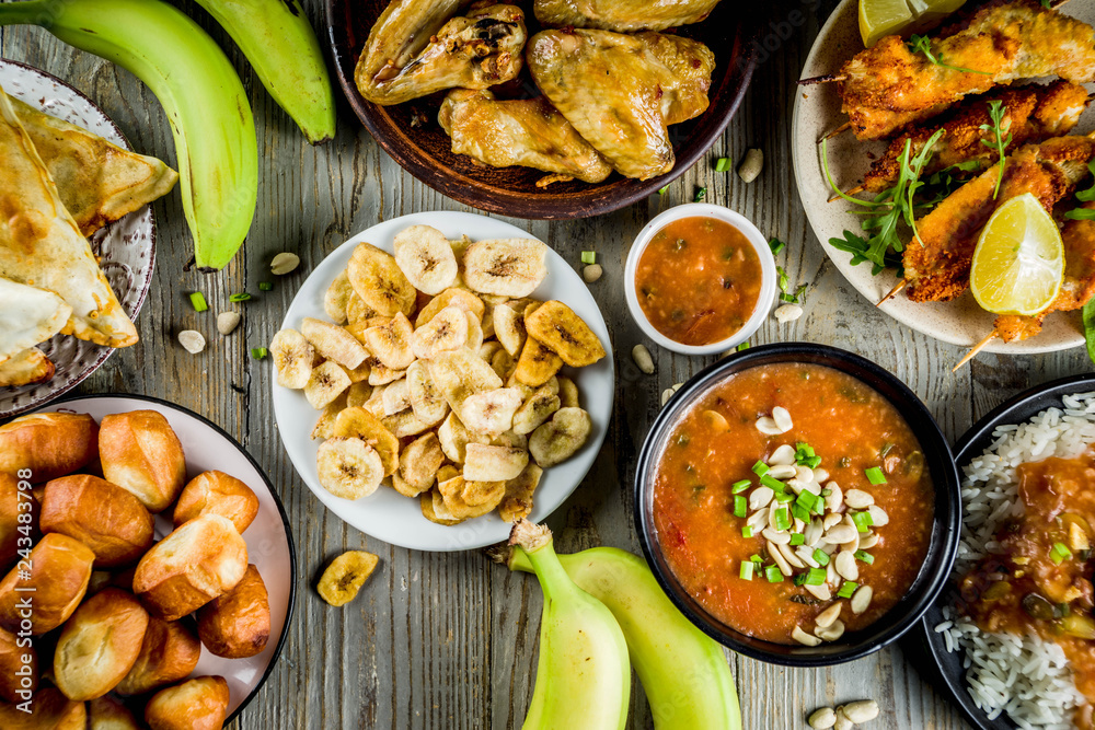 West african food concept. Traditional Wset African dishes assortment ...