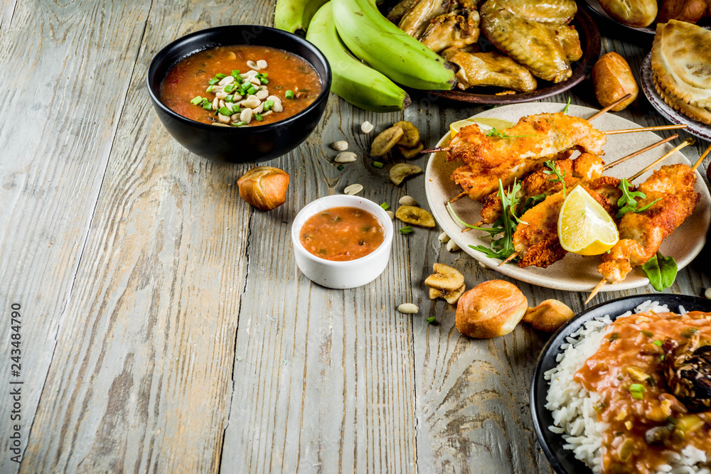 West african food concept. Traditional Wset African dishes assortment ...