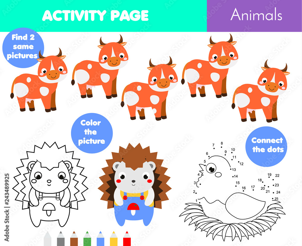 Fun activity page for kids. Educational children game set. Animals theme coloring page, connect ...