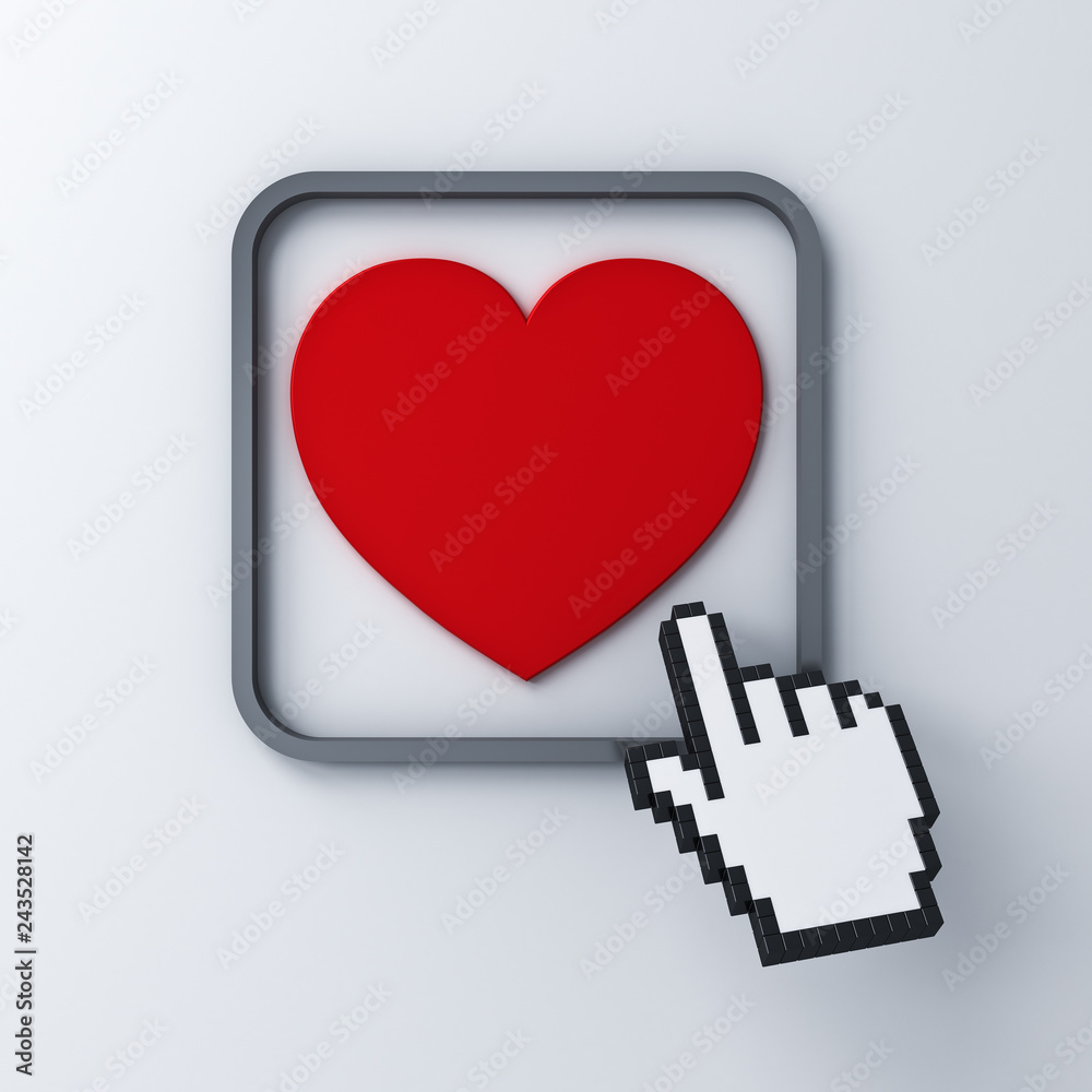 Love heart button with computer hand cursor isolated on dark white ...