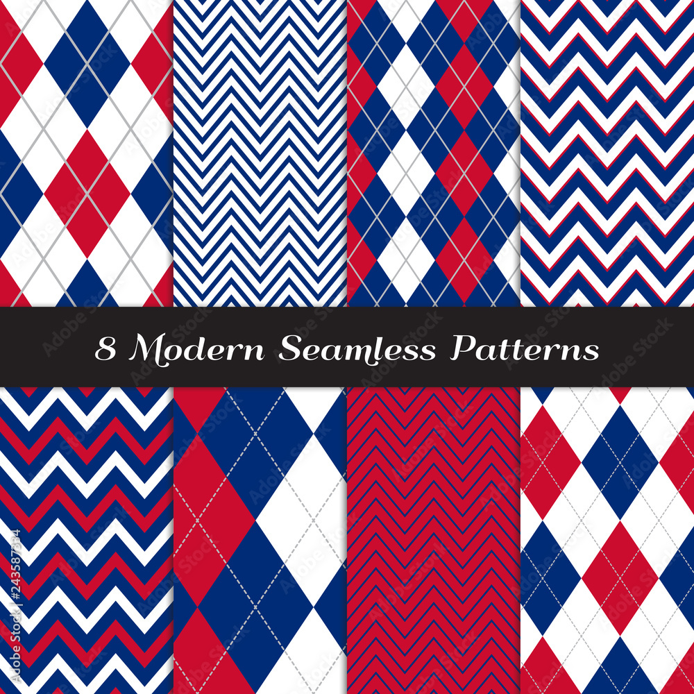 Patriotic Colors Argyle and Chevron Seamless Vector Patterns in Red ...