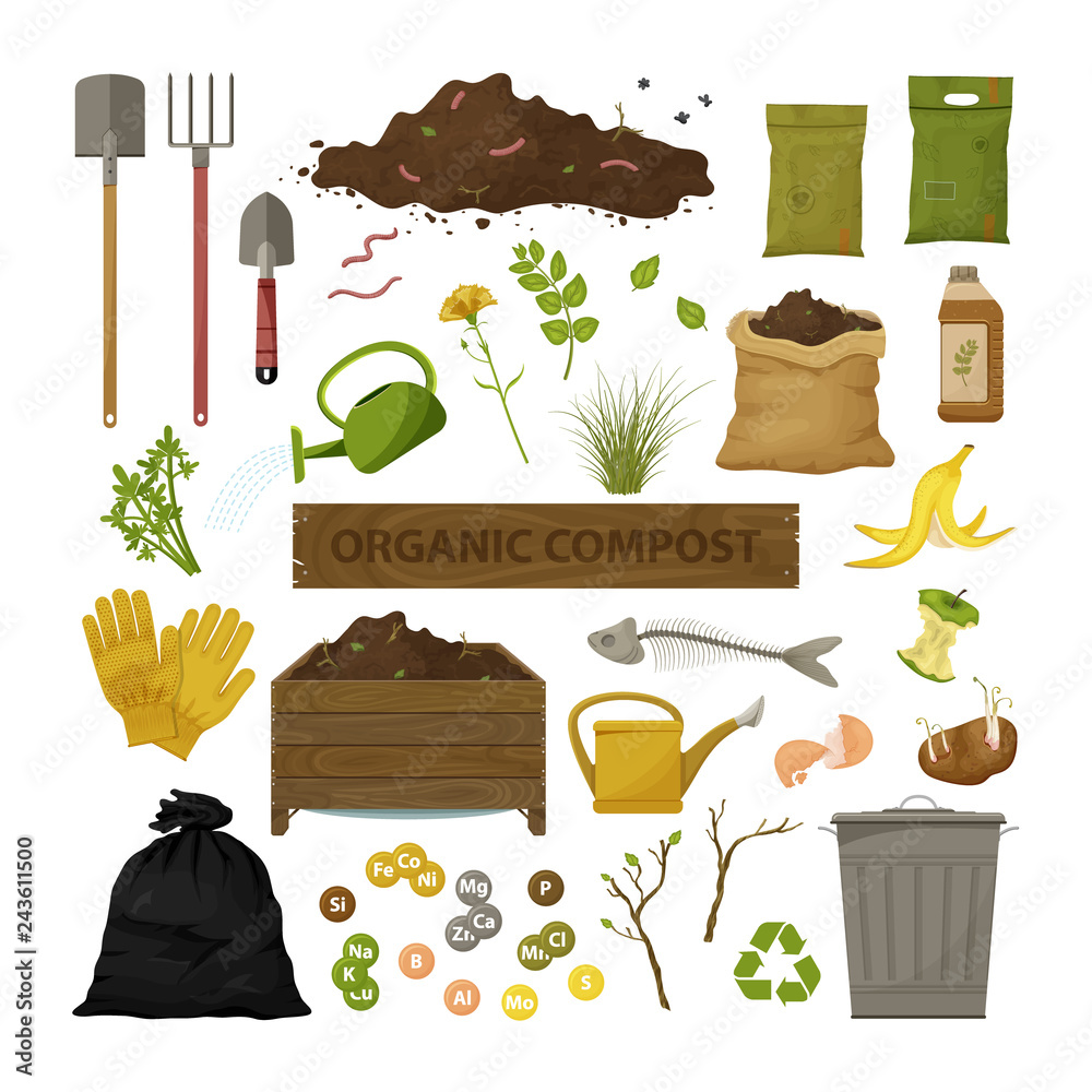 Set of cartoon flat icons. Organic compost theme. Garden tools, wooden ...