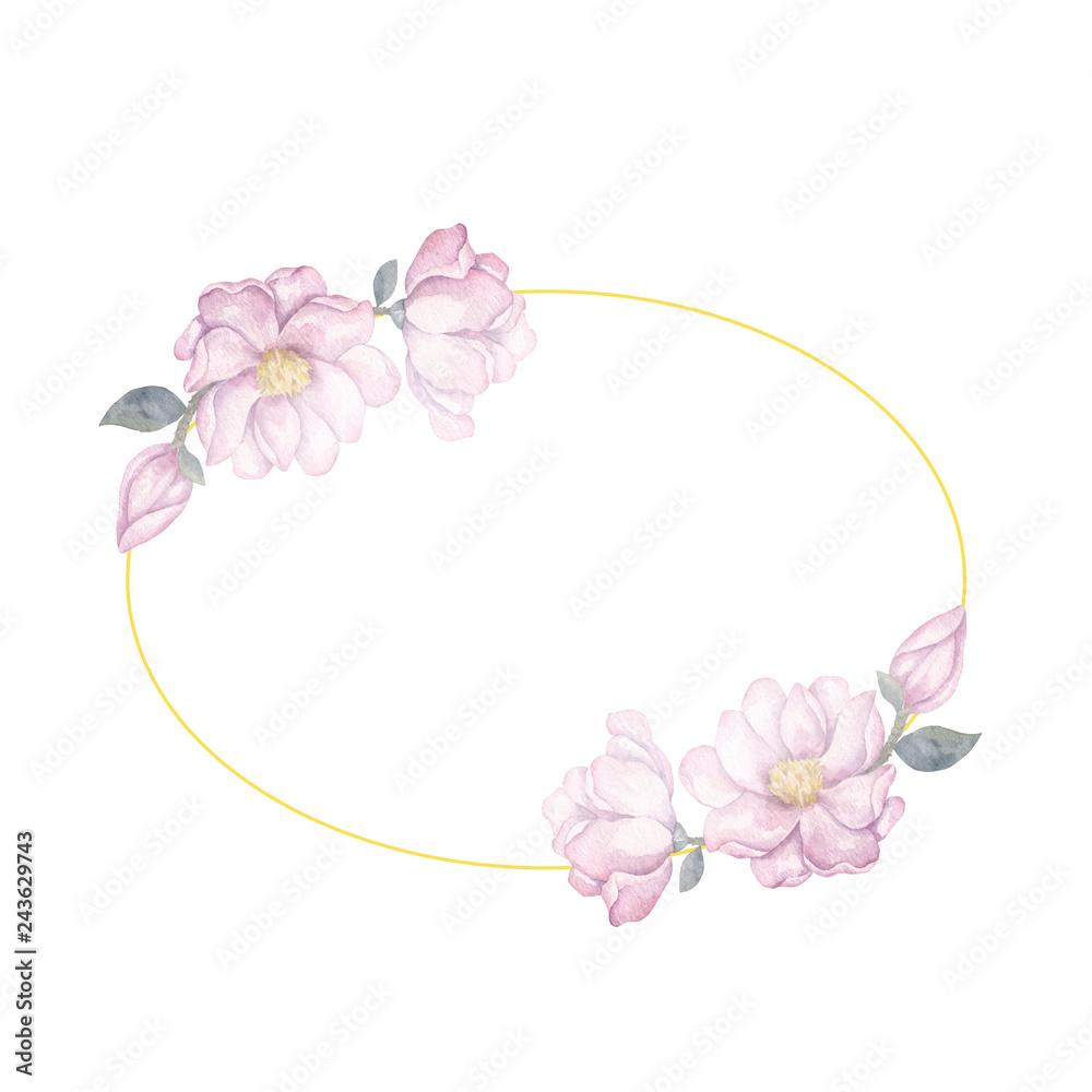 Watercolor flowers and leaves wreath. Gold frame illustration. ellipse ...