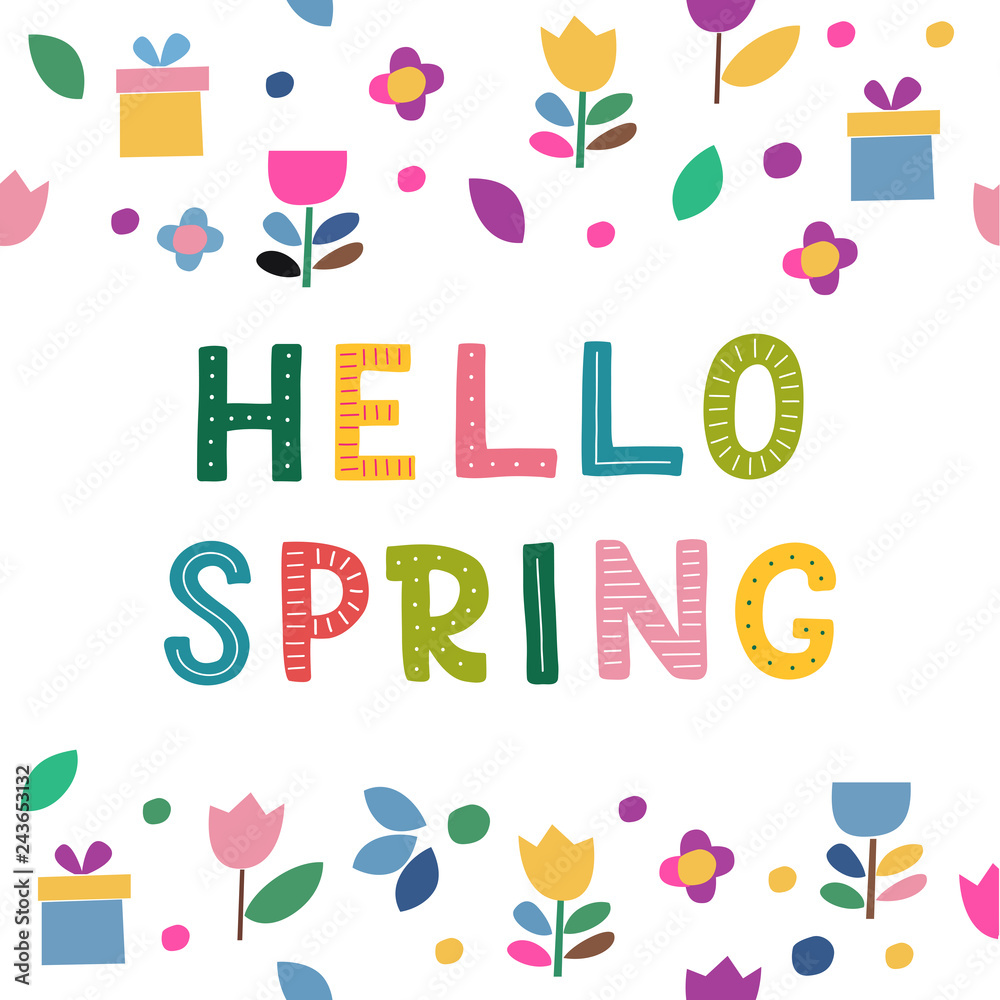 Hello spring letterig for greetings with cute backgroud. Script hand ...