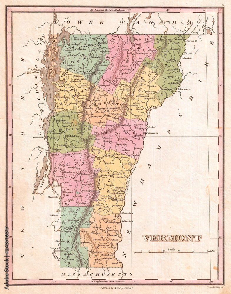1827, Finley Map of Vermont, Anthony Finley mapmaker of the United ...