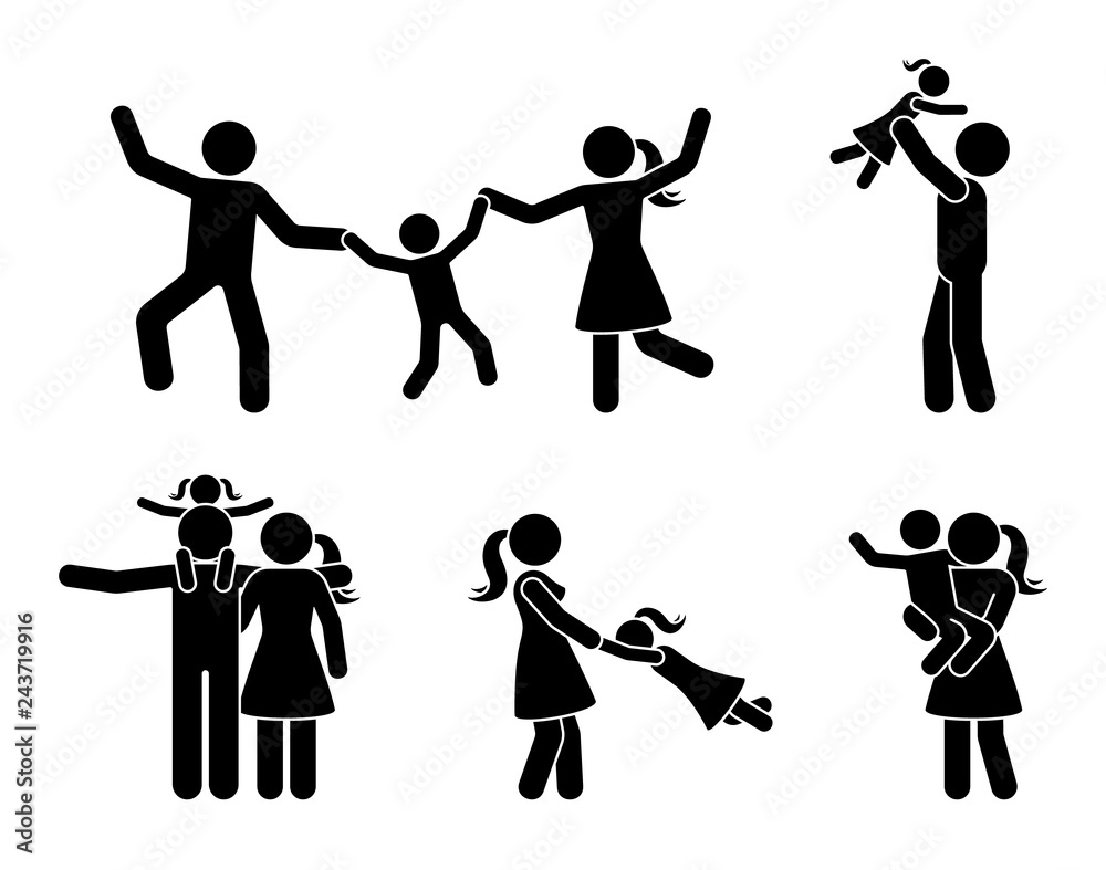 Vector de Stock Stick figure happy family having fun icon set. Parents ...