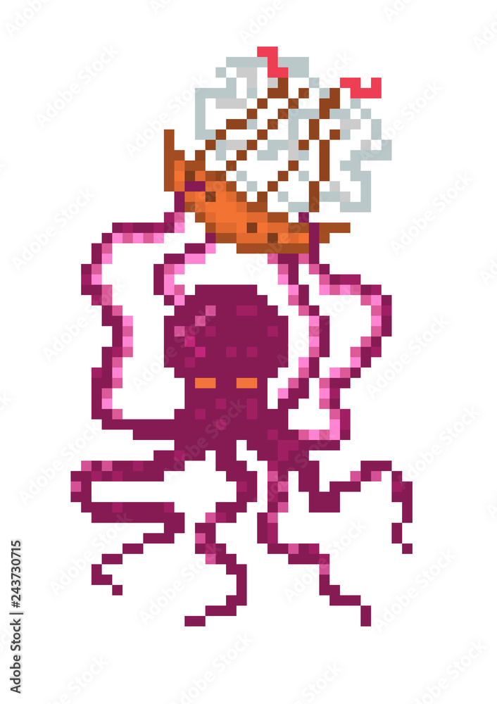 Giant octopus attacking ship, pixel art character isolated on white ...
