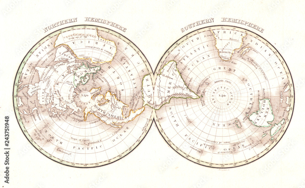 1838, Bradford Map of the World on Polar Projection, Northern and ...