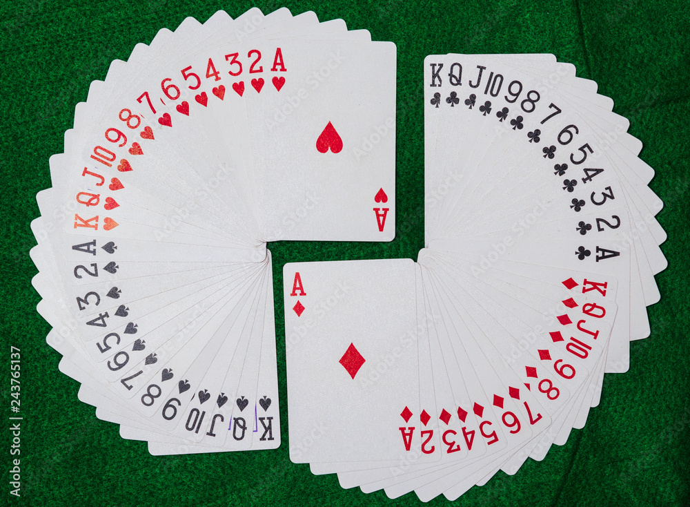 Deck of playing cards, thirteen ranks in each of the four suits, clubs ...