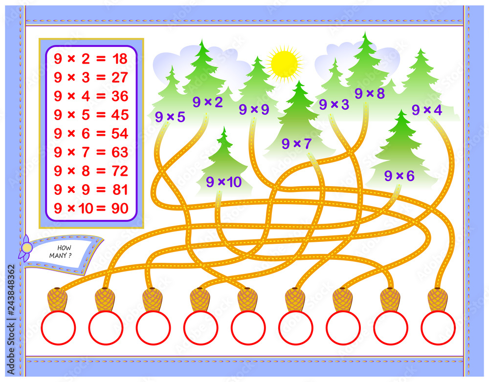 Image vectorielle Stock Multiplication table by 9 for kids. Write the ...