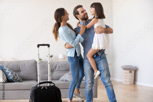 Welcome back dad concept, happy father businessman embracing kid child ...