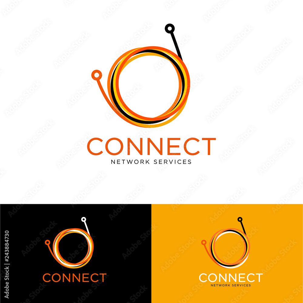 Connect logo. Optical fiber loops from multicolor lines. Identity ...