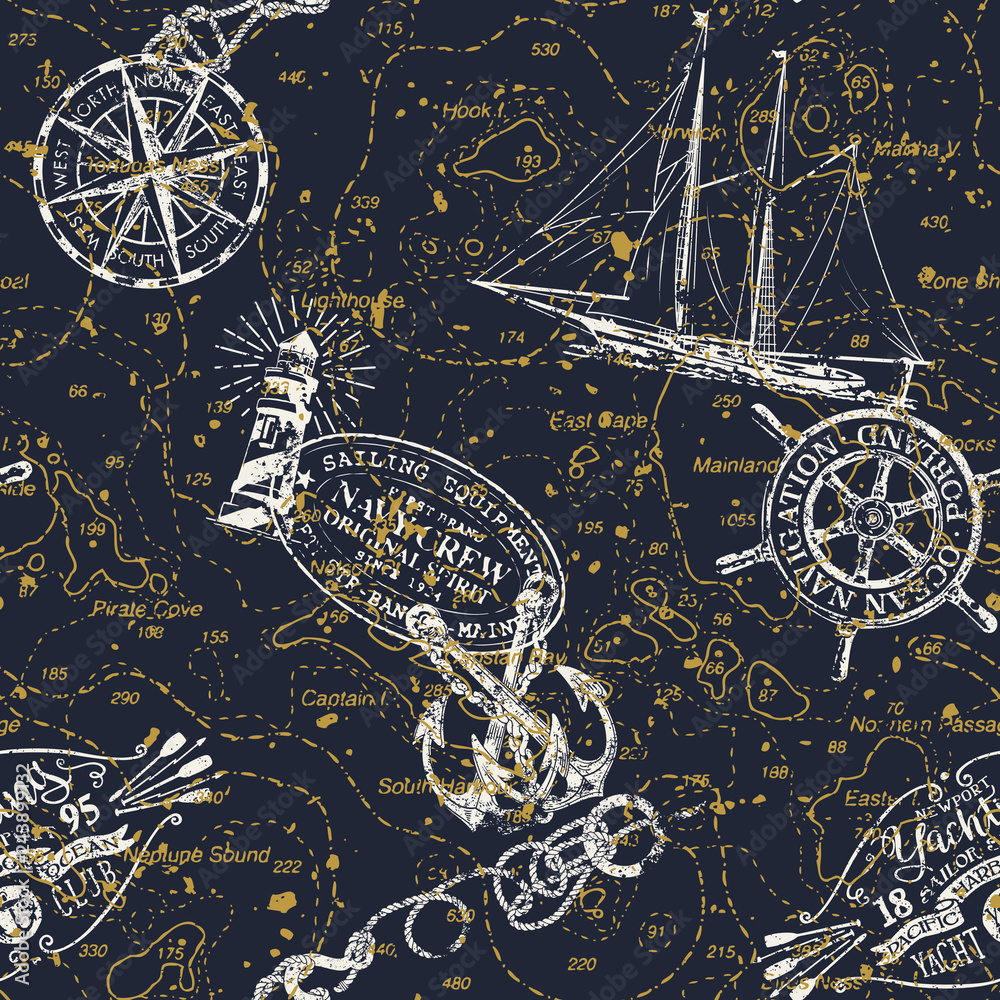 Grunge vintage nautical chart with marine badges and elements vector ...