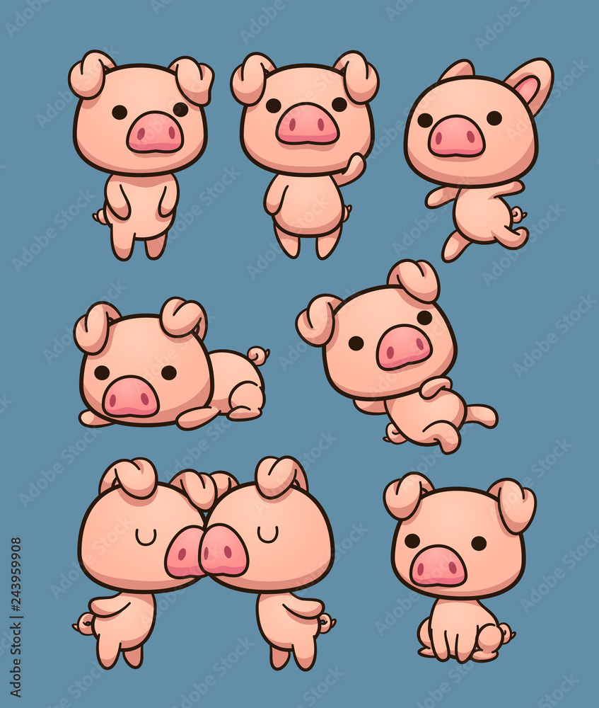 Cute kawaii cartoon pigs in different poses. Vector clip art ...
