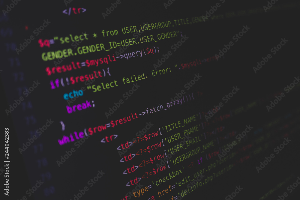 Screen of web developing php code on dark background. Failed. Error. Stock Photo | Adobe Stock