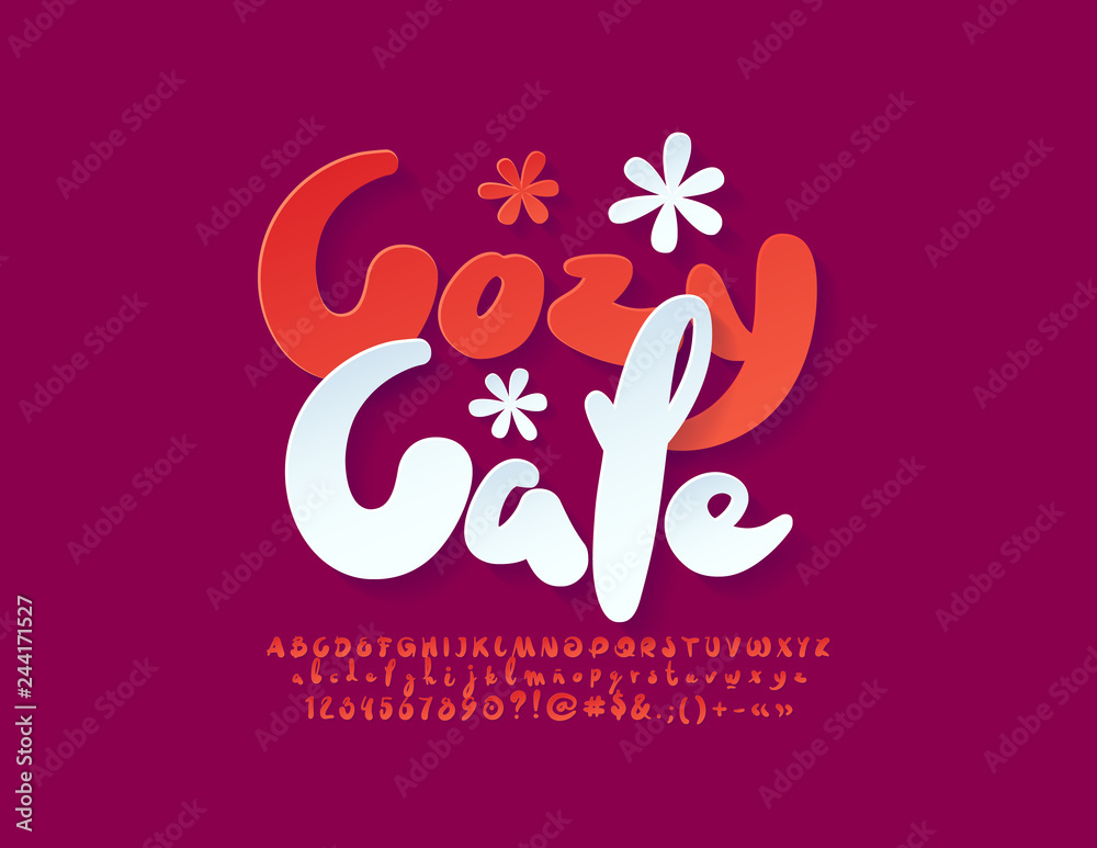 Vector bright Emblem Cozy Cafe with cute Font. Set of handwritten ...