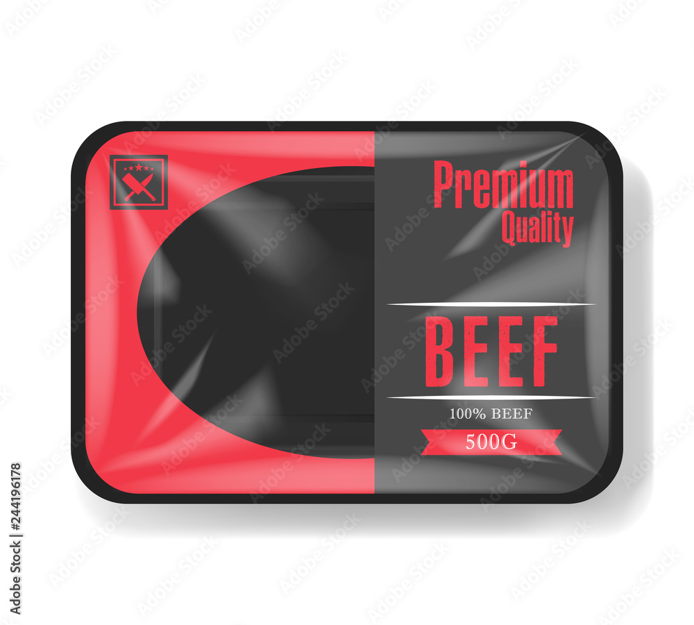 Beef meat packaging. Plastic tray container with cellophane cover ...