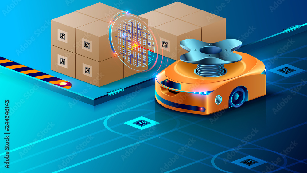 Autonomous Robot, Guided of Artificial Intelligence on Automated Warehouse. Smart Drone ...