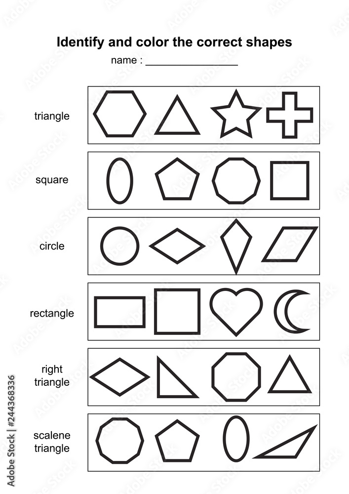 Identify and color the correct shapes. educational geometric shapes ...