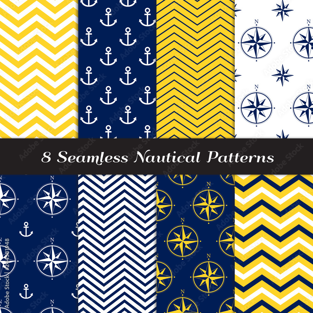 Nautical Navy Blue, Yellow and White Vector Patterns with Anchors ...