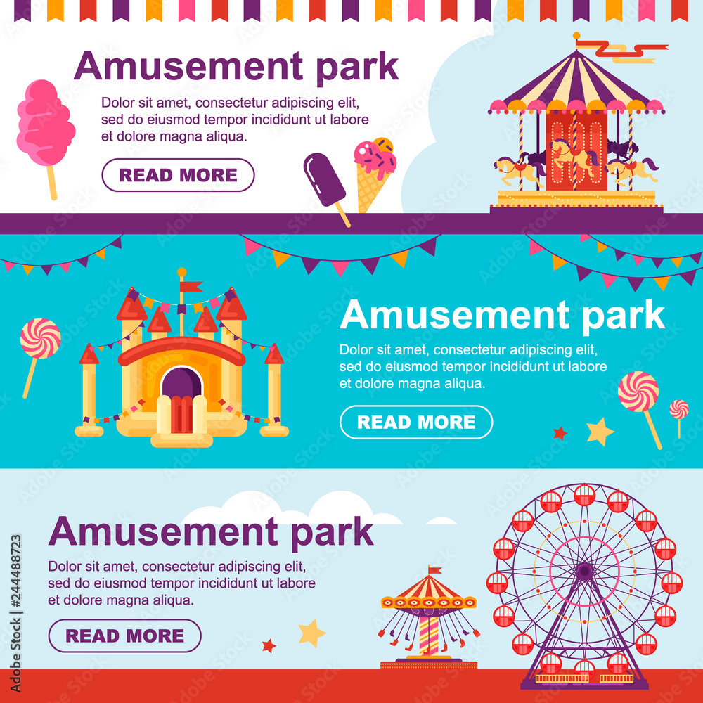 Amusement park horizontal banner with carousel, flags, inflatable ...