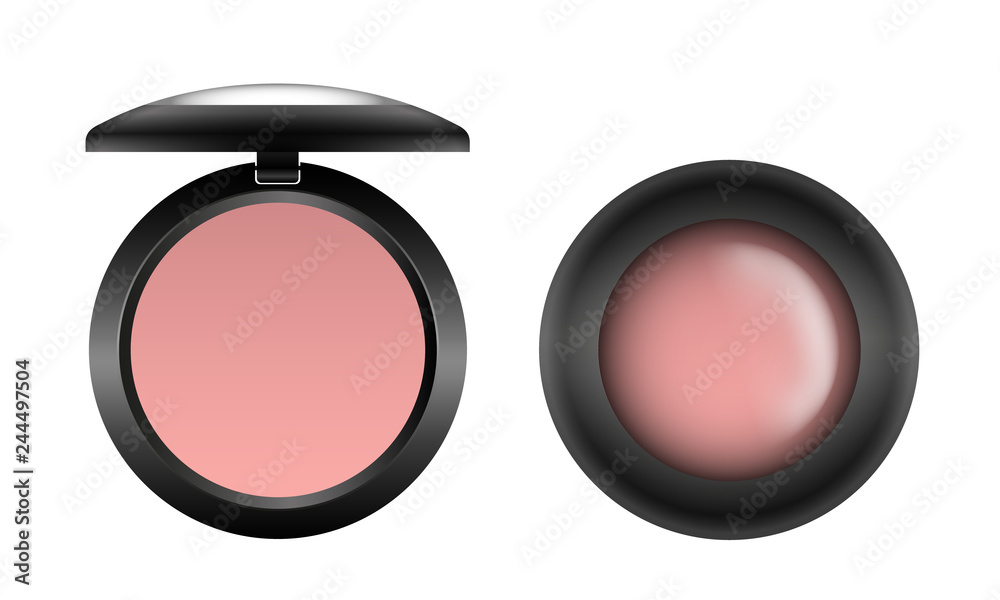 Vector realistic pink compact blush in black open and closed container ...
