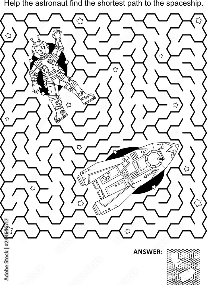 Space exploration maze game and coloring page: Help the astronaut find ...