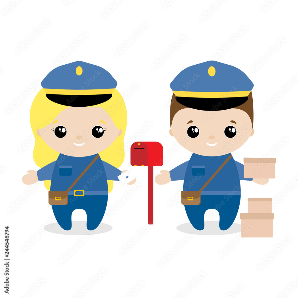 Boy and girl postman cartoon style. Set of cute cartoon children in ...