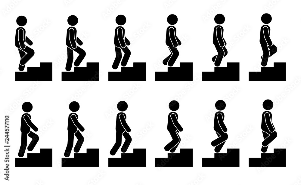 Stick figure male on stairs icon set. Vector man walking step by step ...