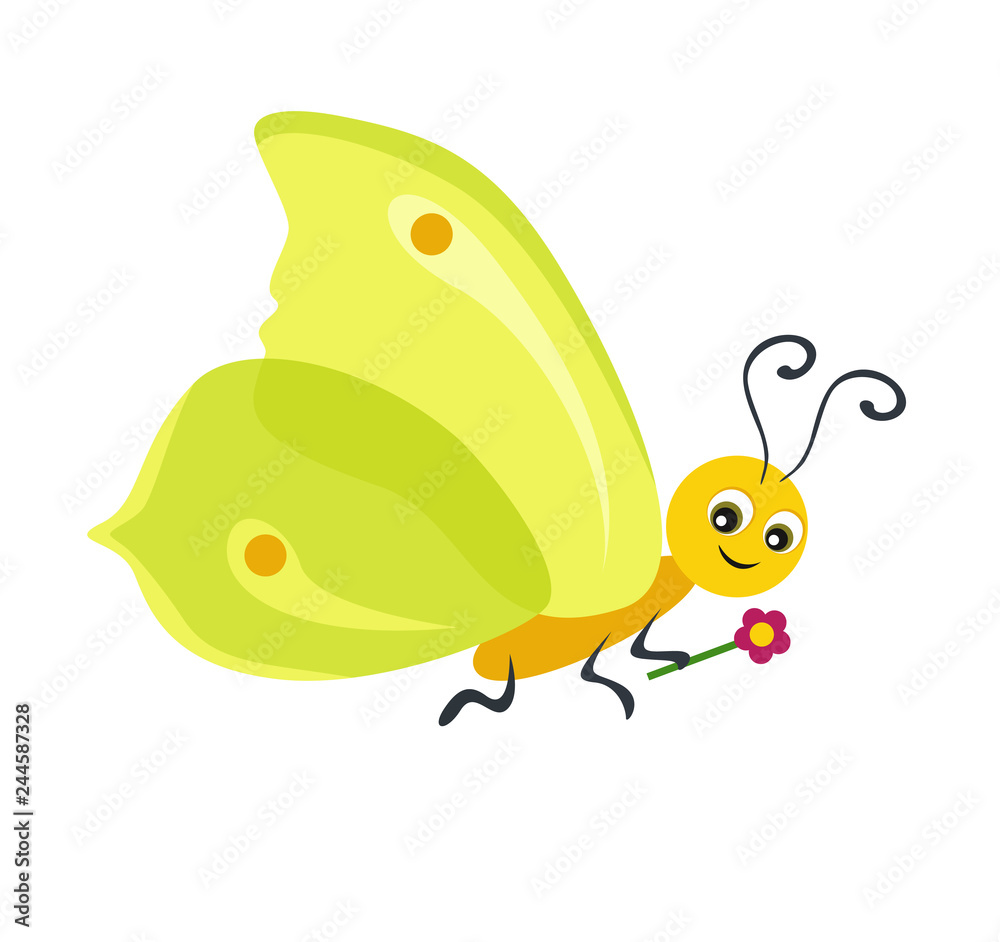 Yellow butterfly limb isolated on white background. Funny cute cartoon ...