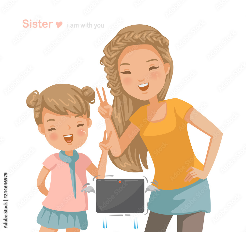 Sister older sister and sisters are shooting in the frame. The little ...