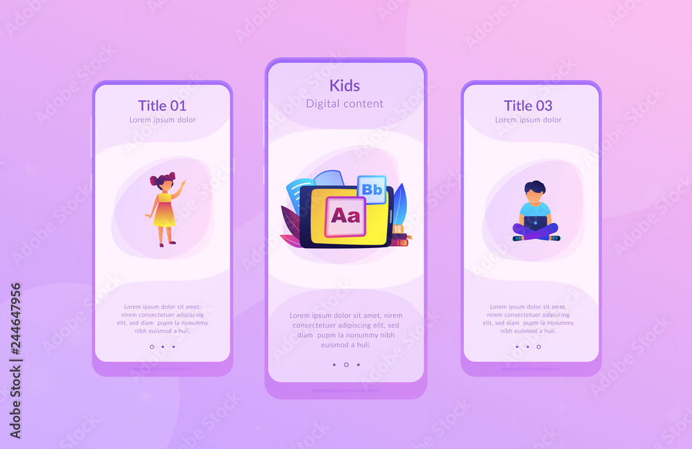 Children at tablet and with laptop using kids friendly alphabet ...