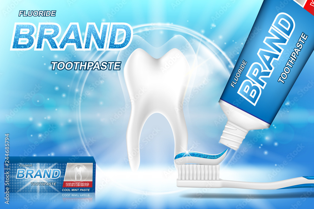 Whitening toothpaste ads. Tooth model and dental care product package ...