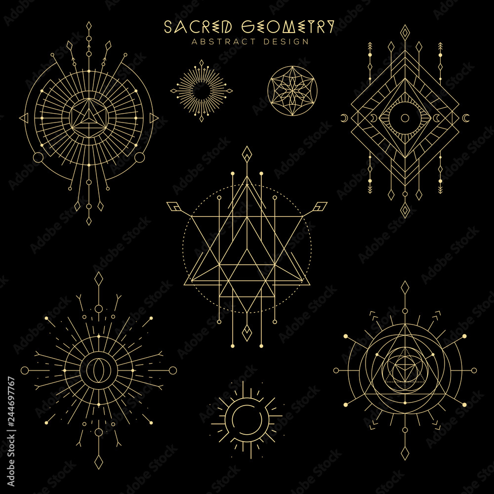 Vector sacred geometry illustration set . Mystical celestial symbols ...