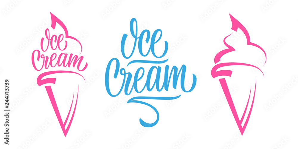 Ice Cream set with handwritten inscription Ice Cream and ice cream cone ...