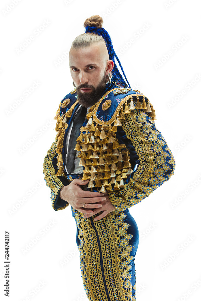 Torero in blue and gold suit or typical spanish bullfighter isolated ...
