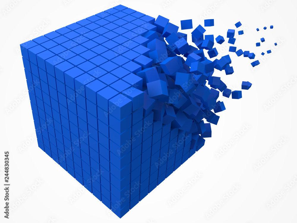 dissolving data block. made with smaller blue cubes. 3d pixel style ...
