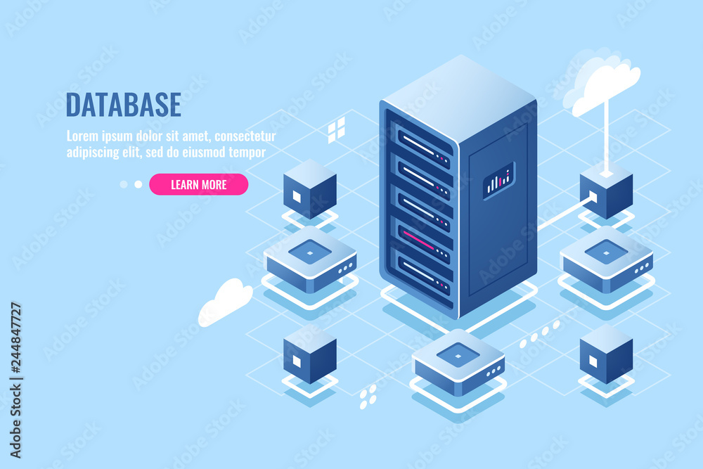 Server room isometric icon, database connection, transfer data on ...
