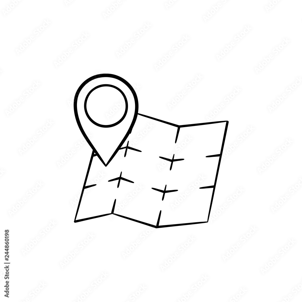 Map with location pin hand drawn outline doodle icon. Direction and ...