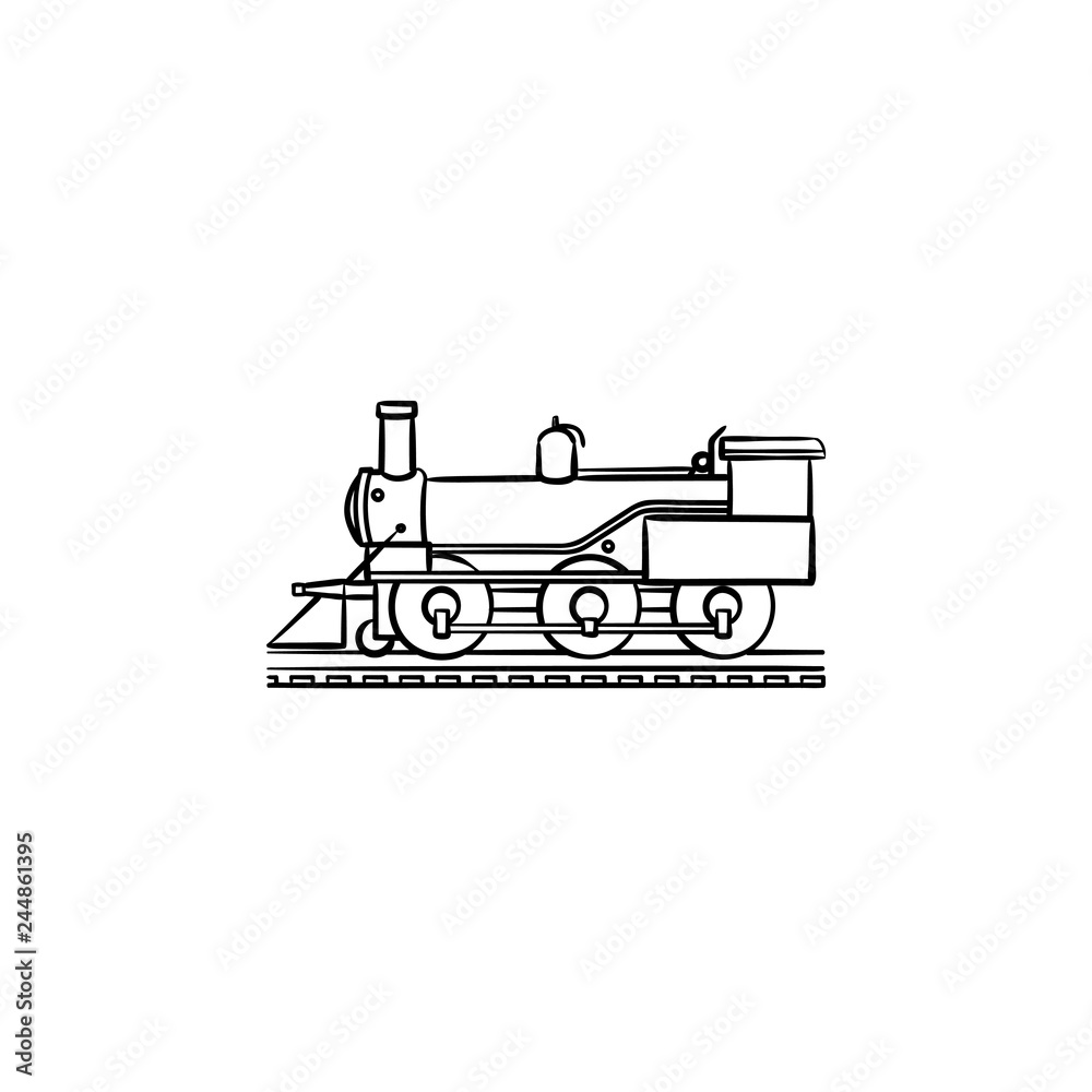 Vintage train hand drawn outline doodle icon. Railroad transport, steam ...