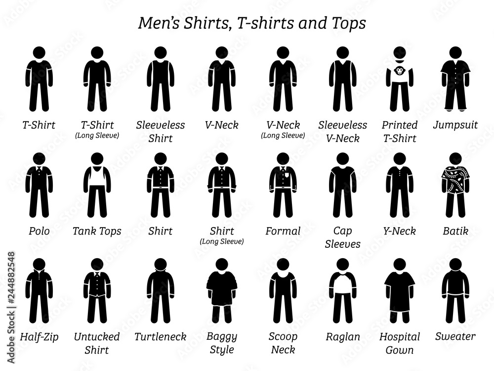 Men shirts t shirts and tops. Stick figures depict a set of different types of shirts t shirts and tops. This fashion clothings design are wear by men or male