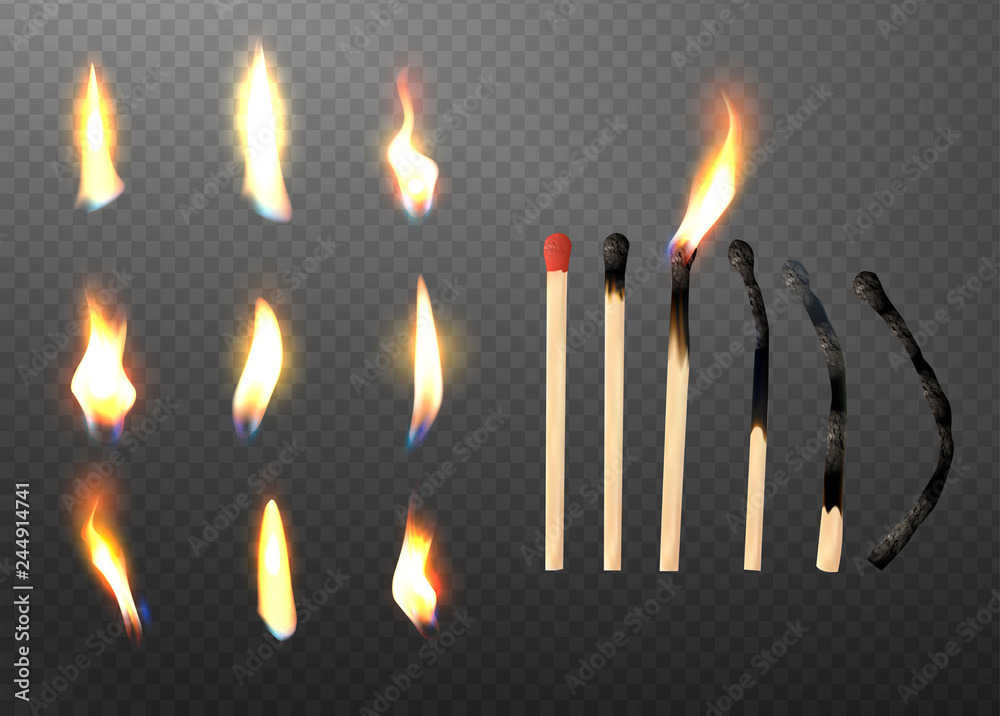 Realistic 3d match stick and different flame icon set, closeup isolated ...