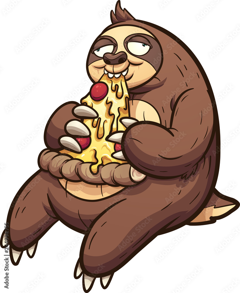 Fat sloth eating a slice of pepperoni pizza. Vector clip art ...