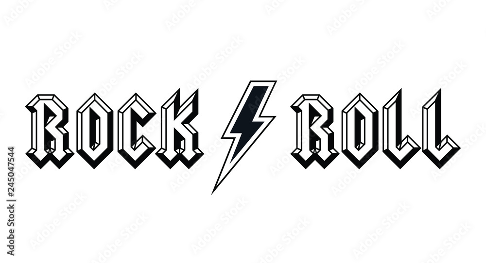 Rock and roll print in vector. Rock text in black and white colors ...