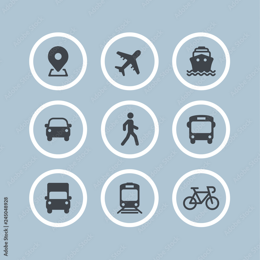Transport icons. Airplane, Public bus, Train, Ship/Ferry, Car, walk man ...