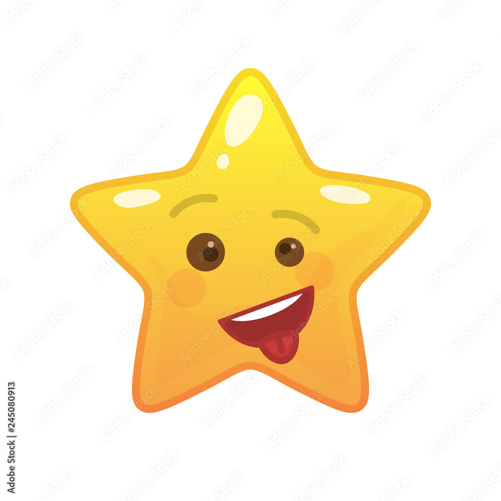 Crazy star shaped comic emoticon. Foolish face with facial expression ...